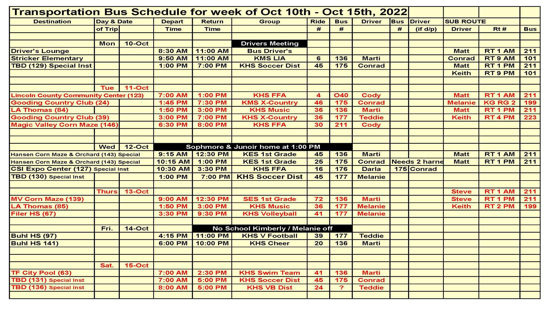 Transportation Next Week | Kimberly School District